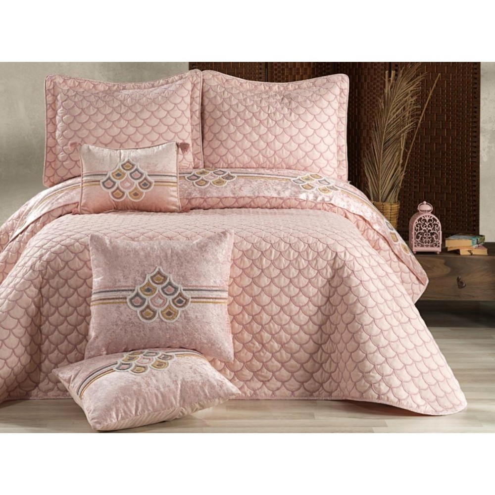 Set LUXURY DIVA 6 piese Cuvertura satinata cu broderie din catifea si 5 fete de perna, Roz ...